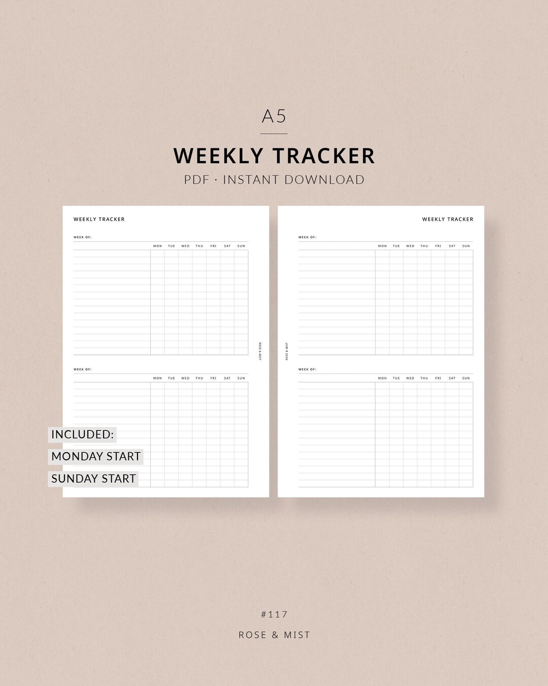 Weekly Tracker | A5 Planner Printable - Weekly Task Tracker, A5 Planner ...