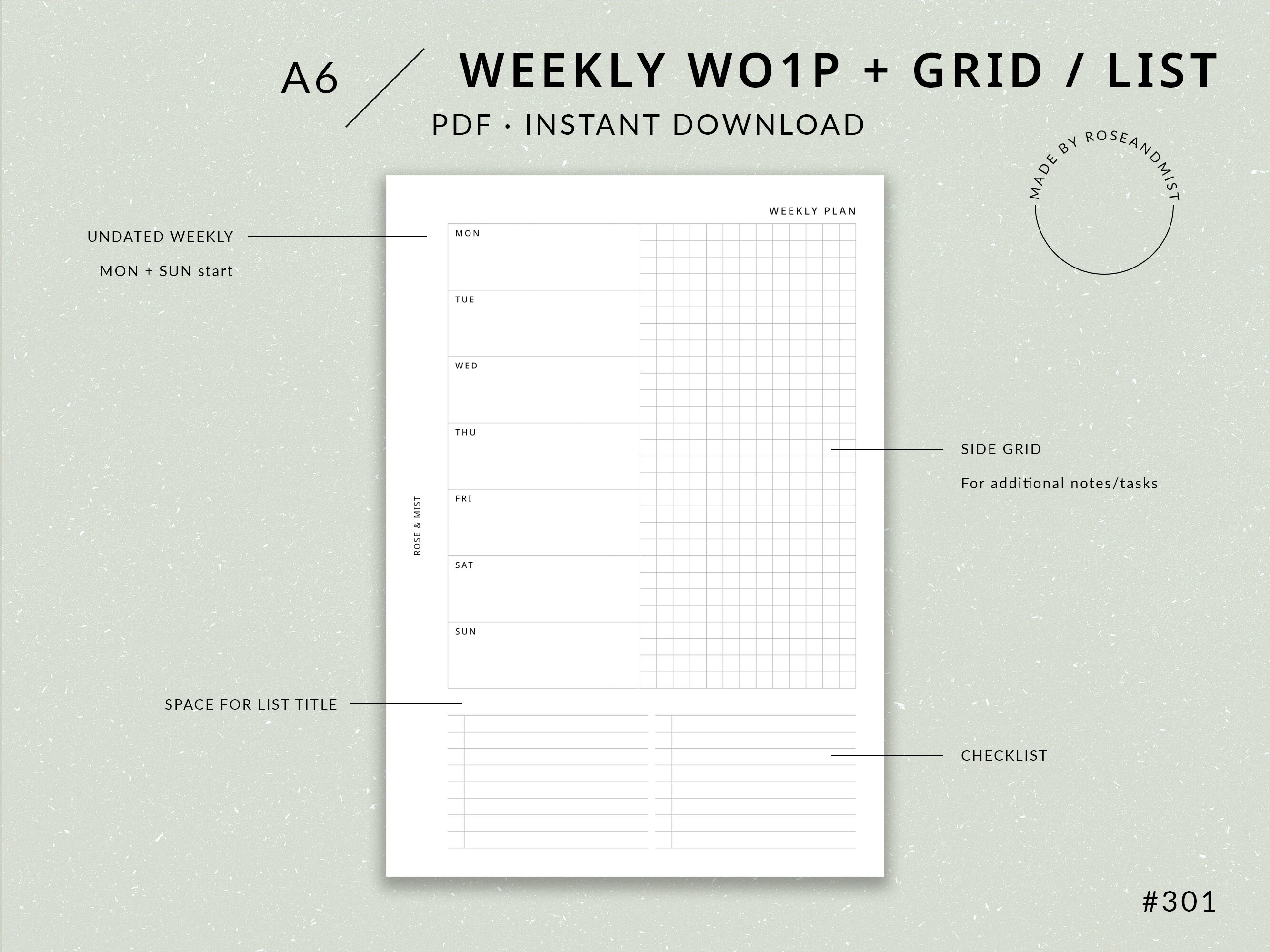 Undated Weekly Planner WO1P A6 Printable Planner A6 Planner Inserts ...