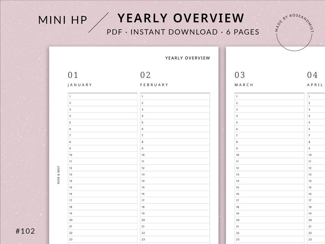 Minimal Yearly Planner Printable Mini HP Printable Planner Yearly ...