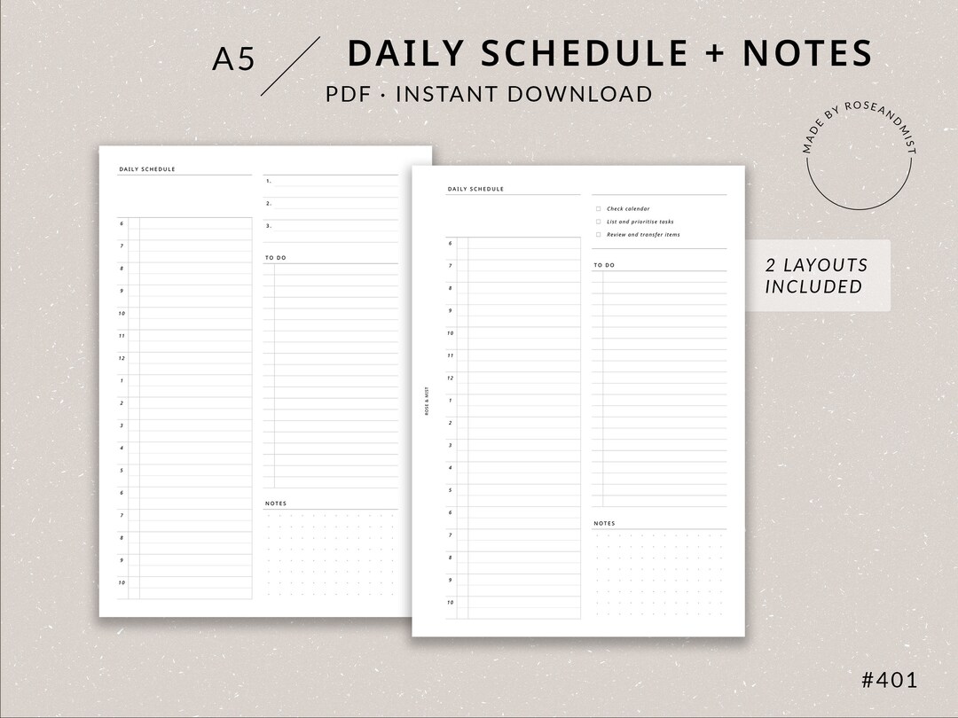 Daily Schedule + Notes DO1P | A5 Planner Printable - Undated Daily ...