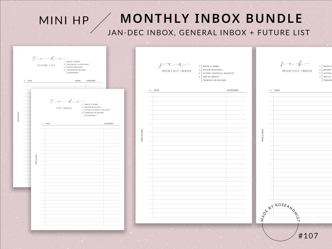 Monthly Inbox Bundle | Mini HP Printable Planner - Inbox Checklist ...