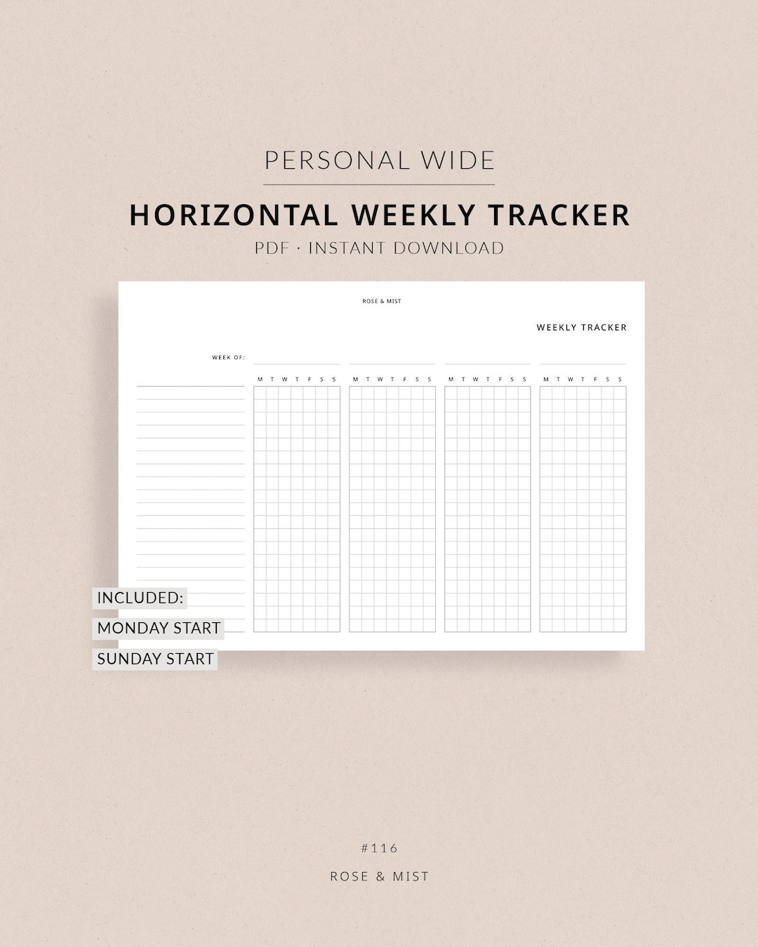 Weekly Tracker Horizontal | Personal Wide Planner Printable - Weekly ...