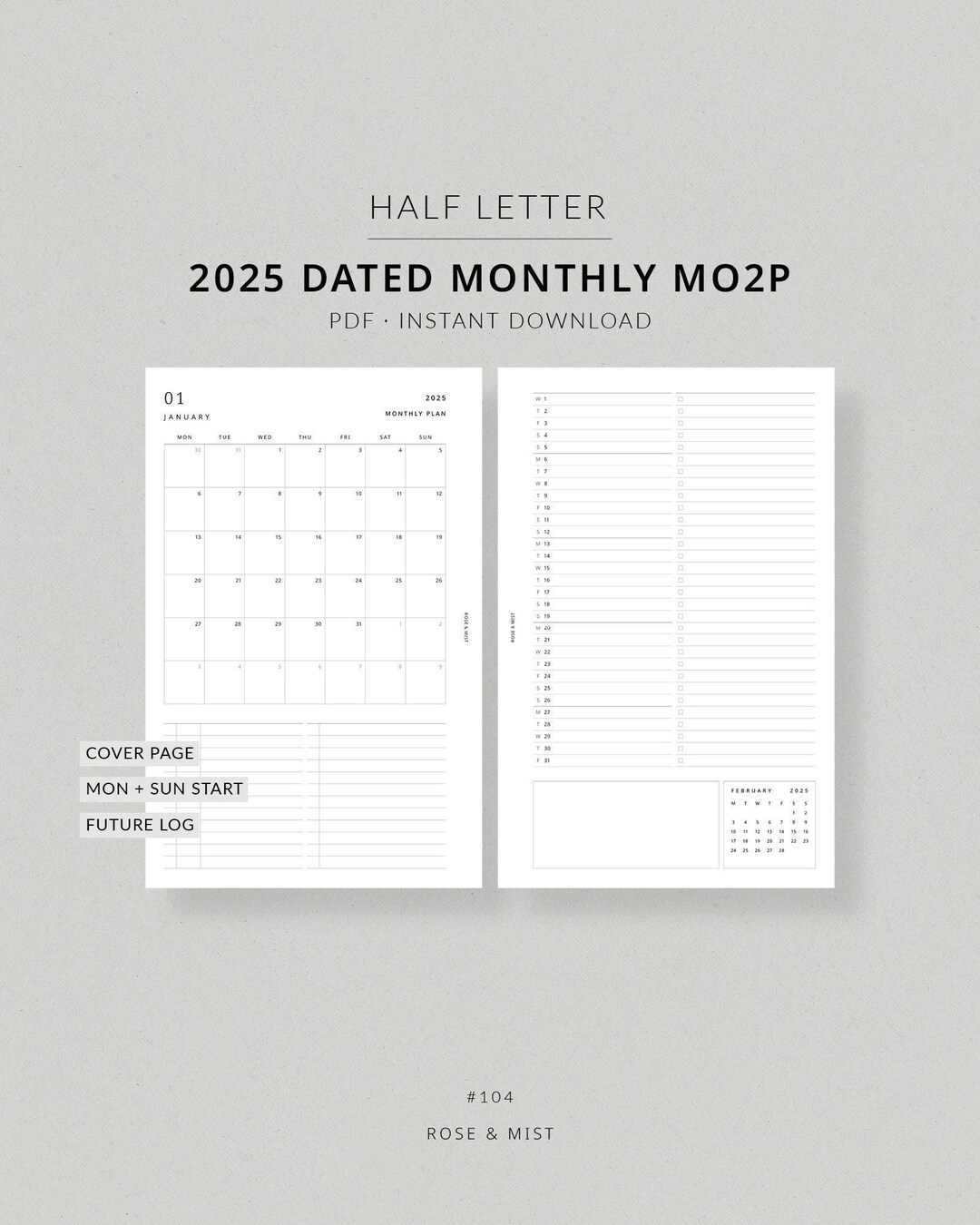 2025 Monthly Planner MO2P | Half Letter Printable Planner - 2025 ...
