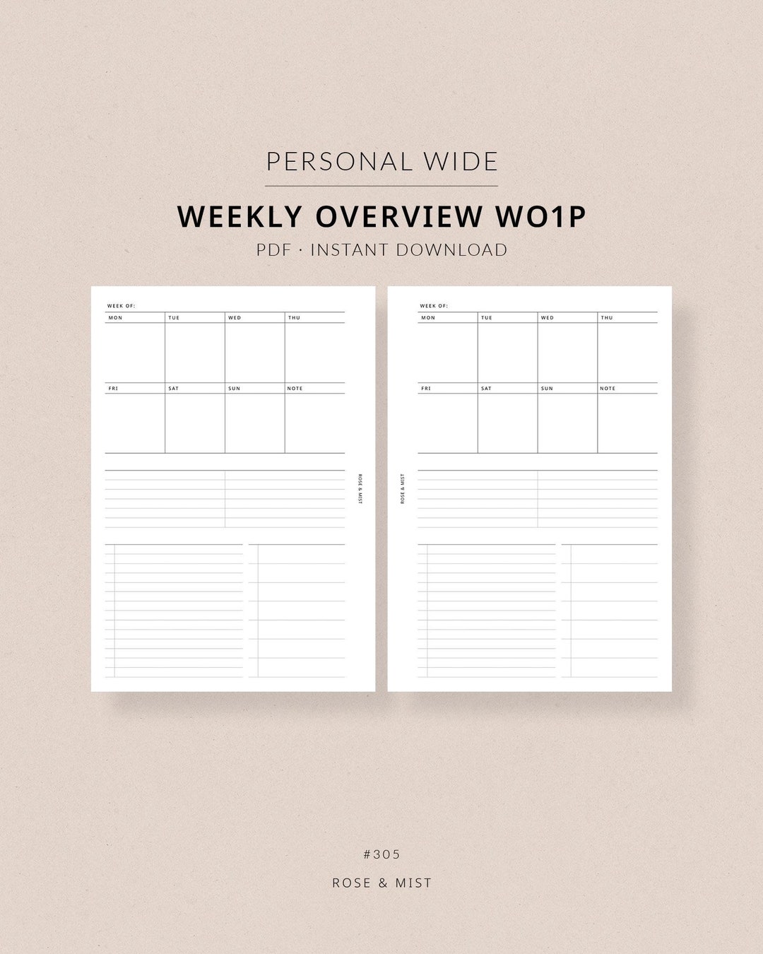 Weekly Overview WO1P #305 | Personal Wide Printable Planner - Weekly ...
