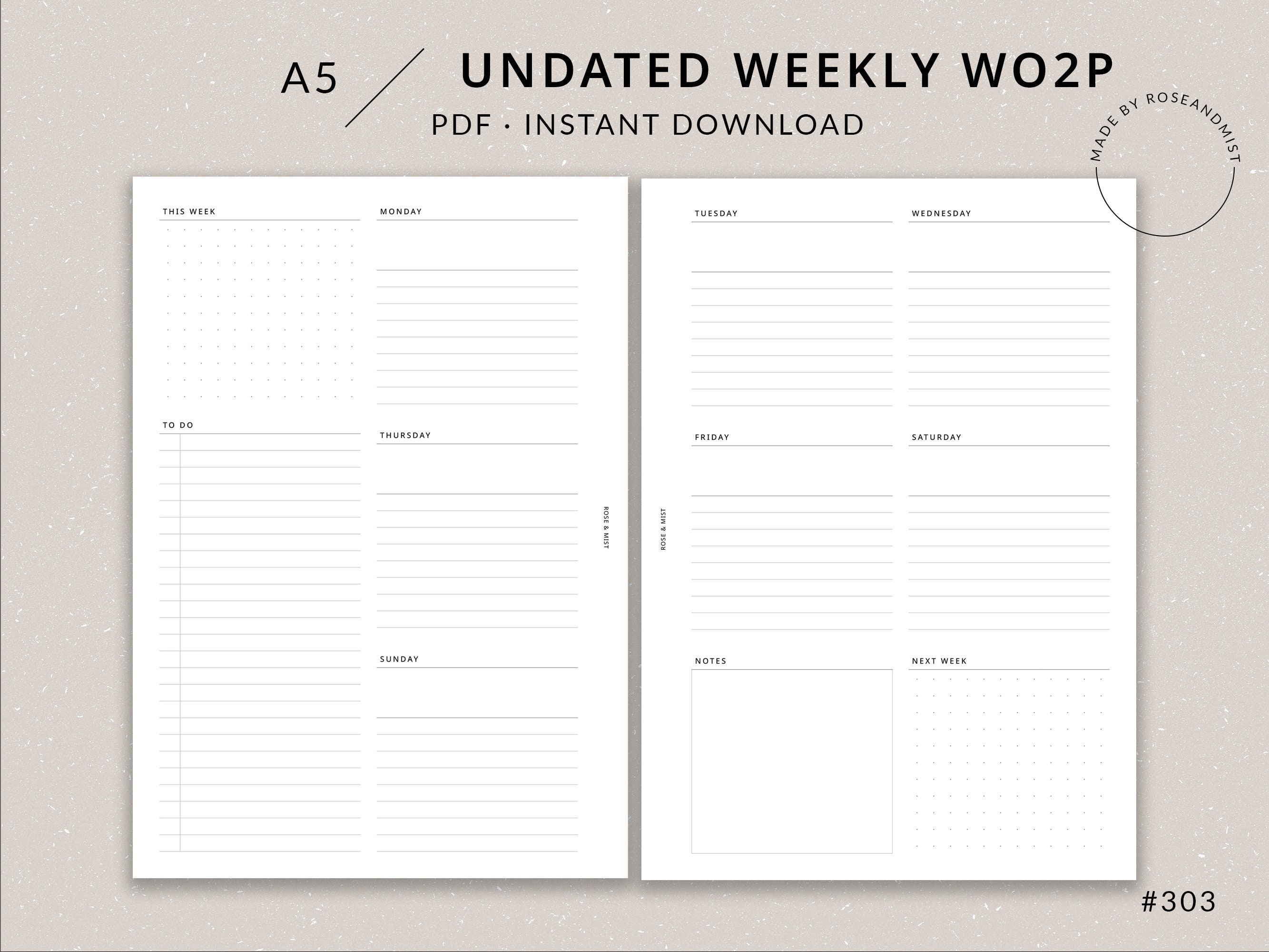 Weekly Planner WO2P A5 Planner Printable Weekly Spread, Undated Planner ...