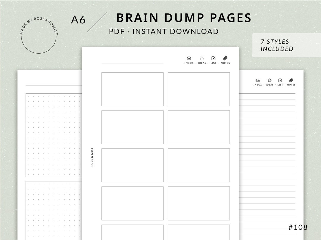 Brain Dump Pages | A6 Printable Planner - Inbox, Checklist, Ideas ...