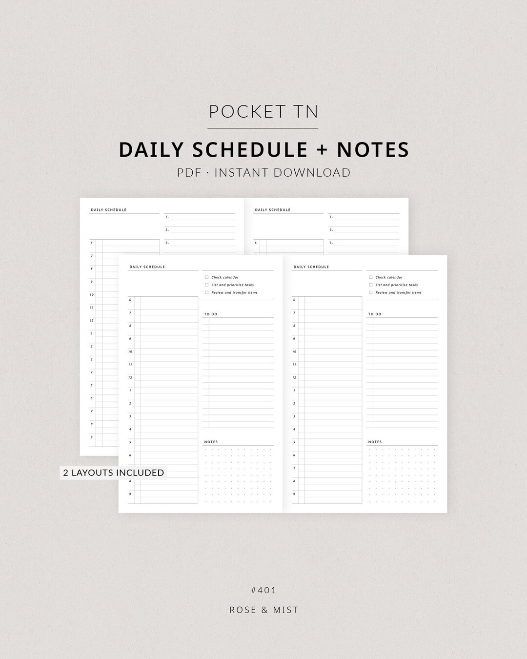 Daily Schedule + Notes DO1P #401 | Pocket TN Printable Planner - Daily ...