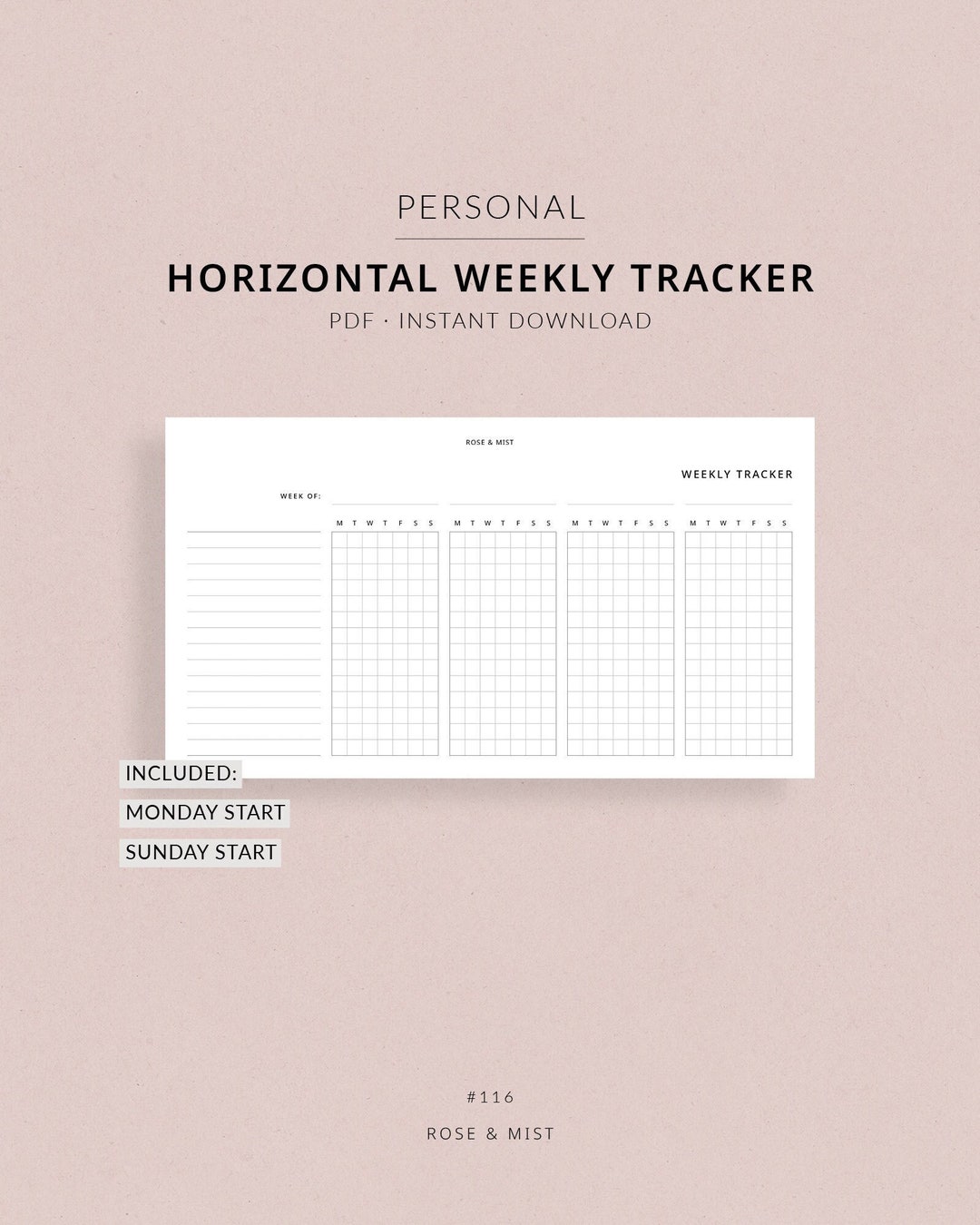 Weekly Tracker Horizontal | Personal Planner Printable - Weekly Task ...