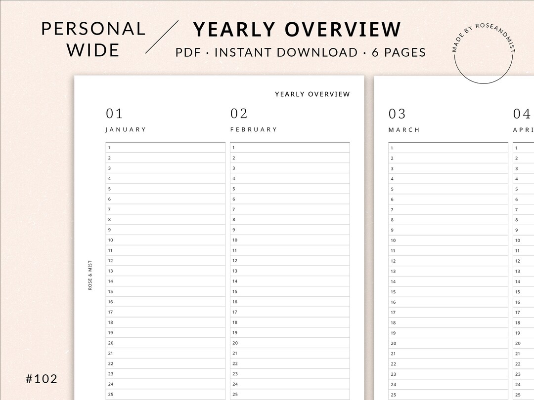 Yearly Overview Personal Wide Printable Planner Minimal Yearly Planner ...