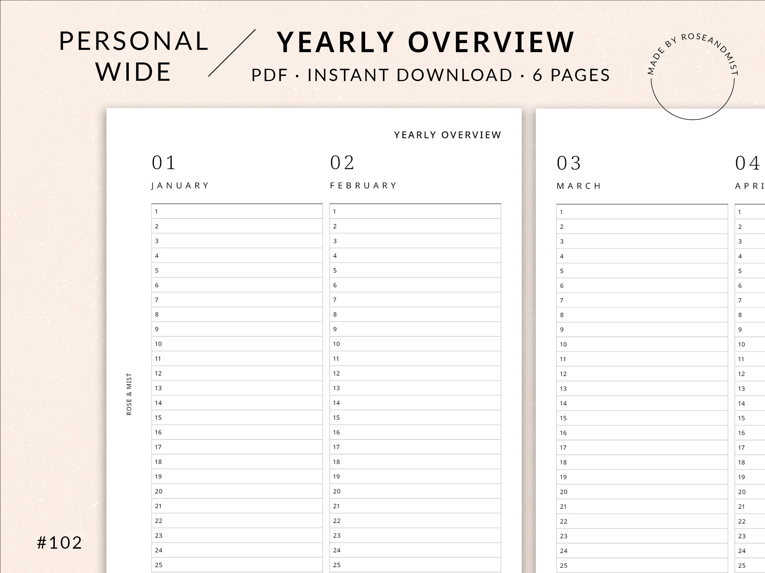 Yearly Overview | Personal Wide Printable Planner - Minimal Yearly ...