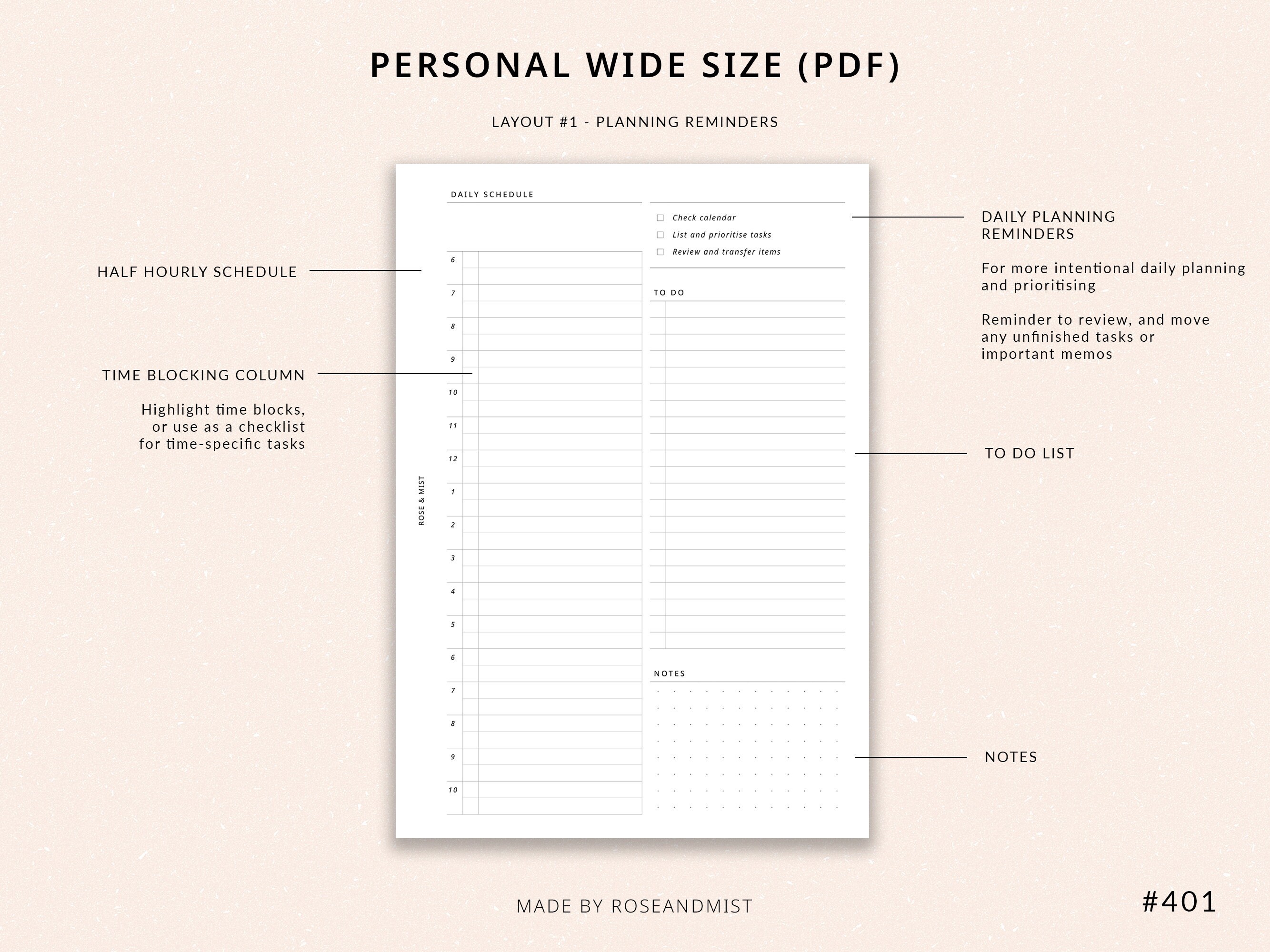 Daily Schedule Notes DO1P Personal Wide Printable Planner Daily Planner ...