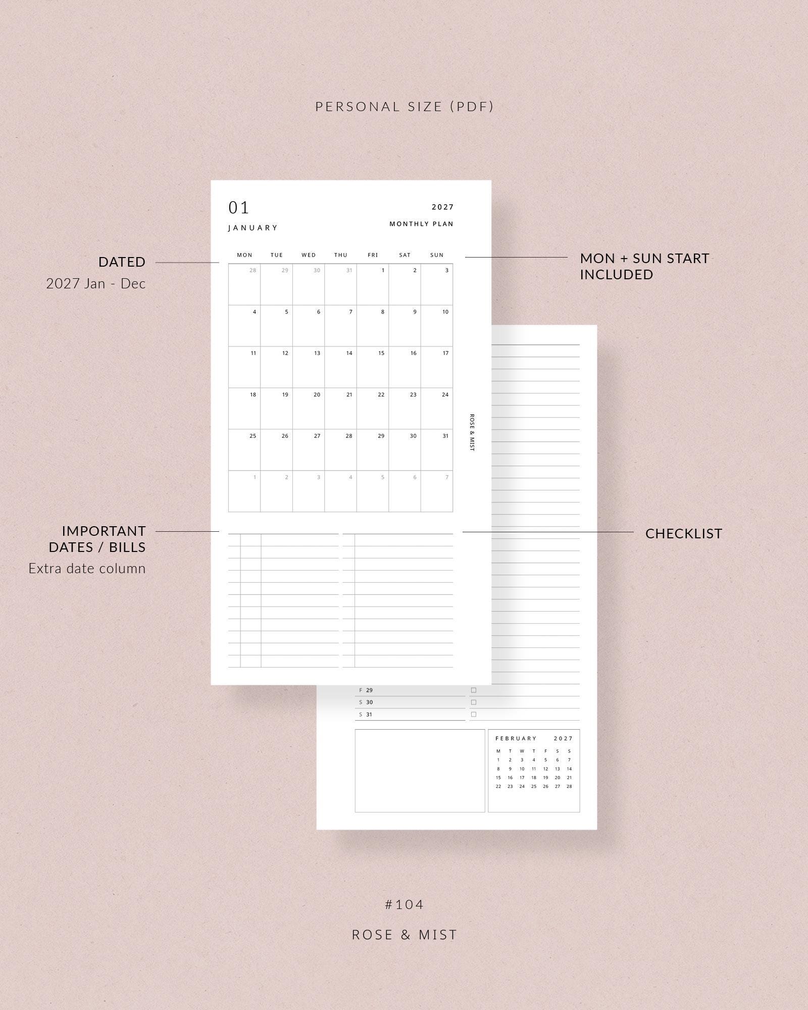 2027 Monthly Planner Printable MO2P | Filofax Personal Size Planner ...