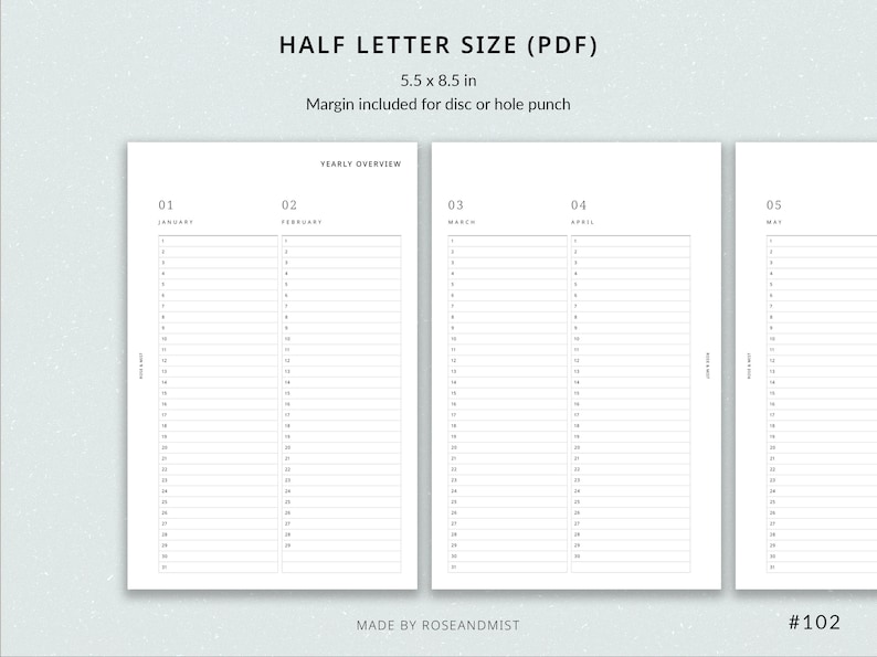 Yearly Overview Half Letter Printable Planner Half Letter | Etsy