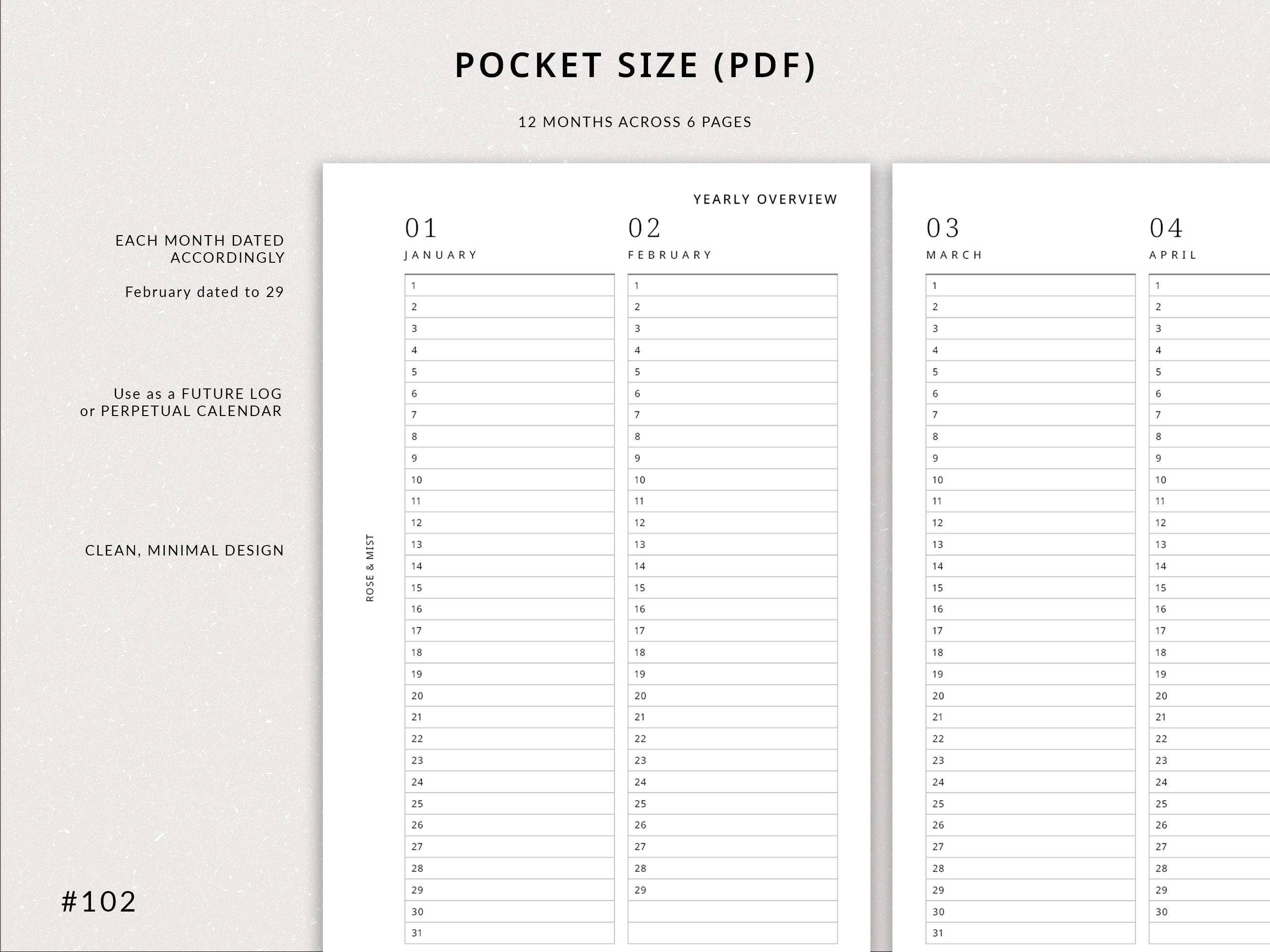 Minimal Yearly Planner Printable | Pocket Planner - Year at a Glance ...