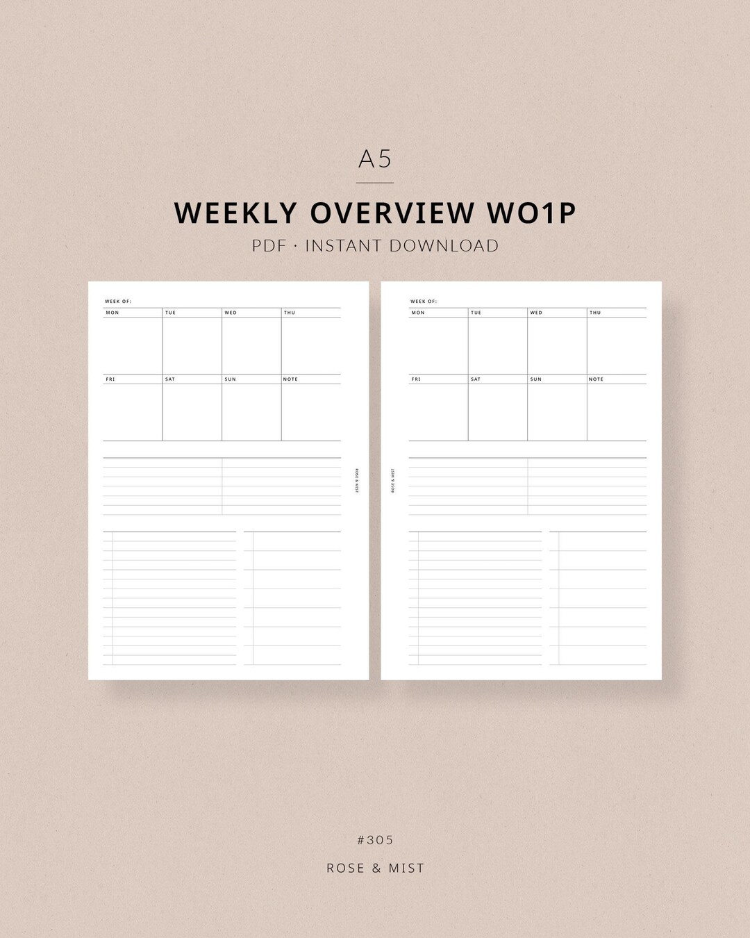 Weekly Overview WO1P A5 Printable Planner #305 - A5 Weekly Planner ...