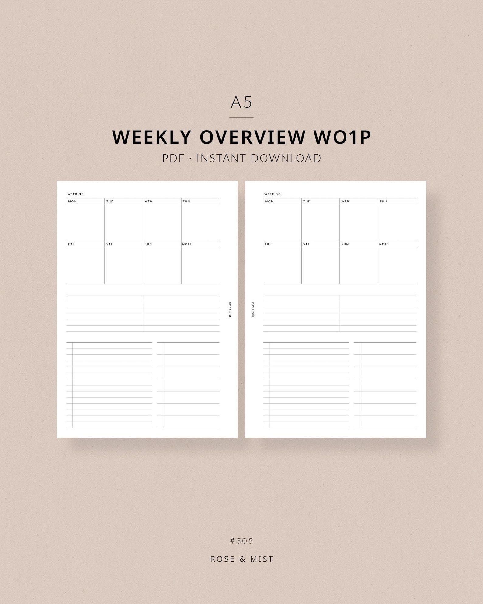 Weekly Overview WO1P A5 Printable Planner #305 - A5 Weekly Planner ...