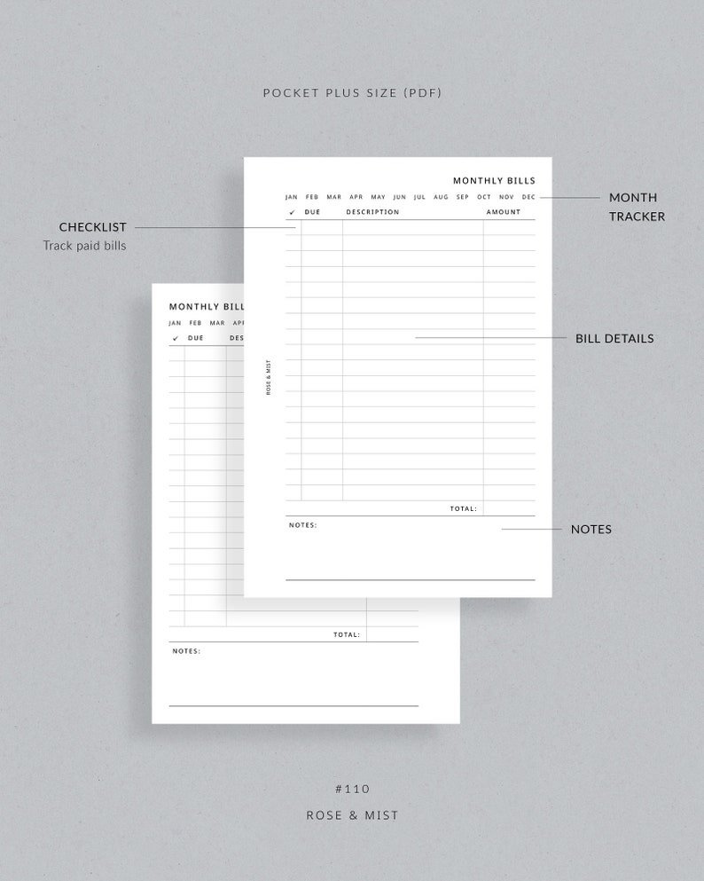 Monthly Bills | Pocket Plus Printable Planner - Bill Payments Printable ...