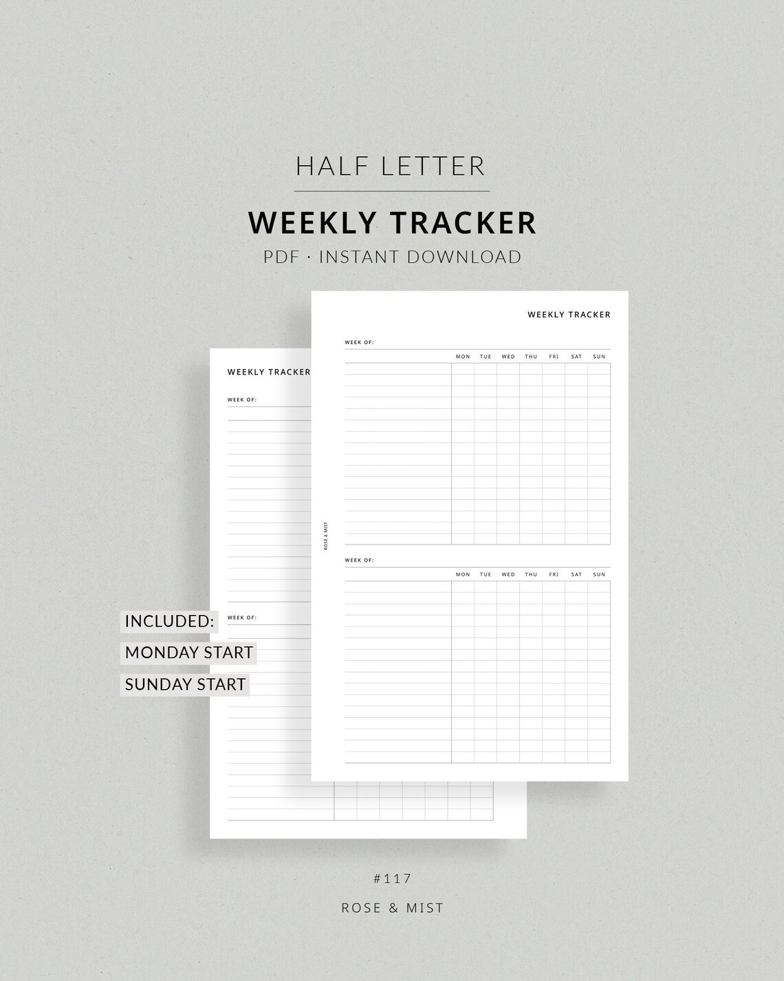 Weekly Tracker | Half Letter Planner Printable - Weekly Task Tracker ...