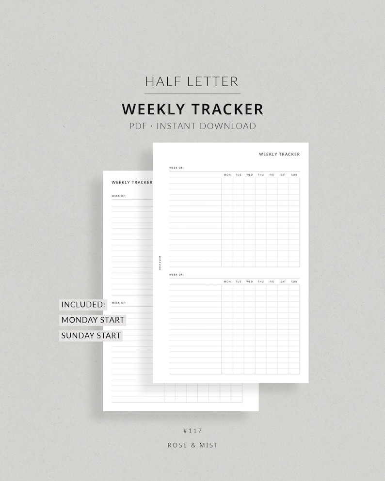 Weekly Tracker Half Letter Planner Printable Weekly Task Tracker ...