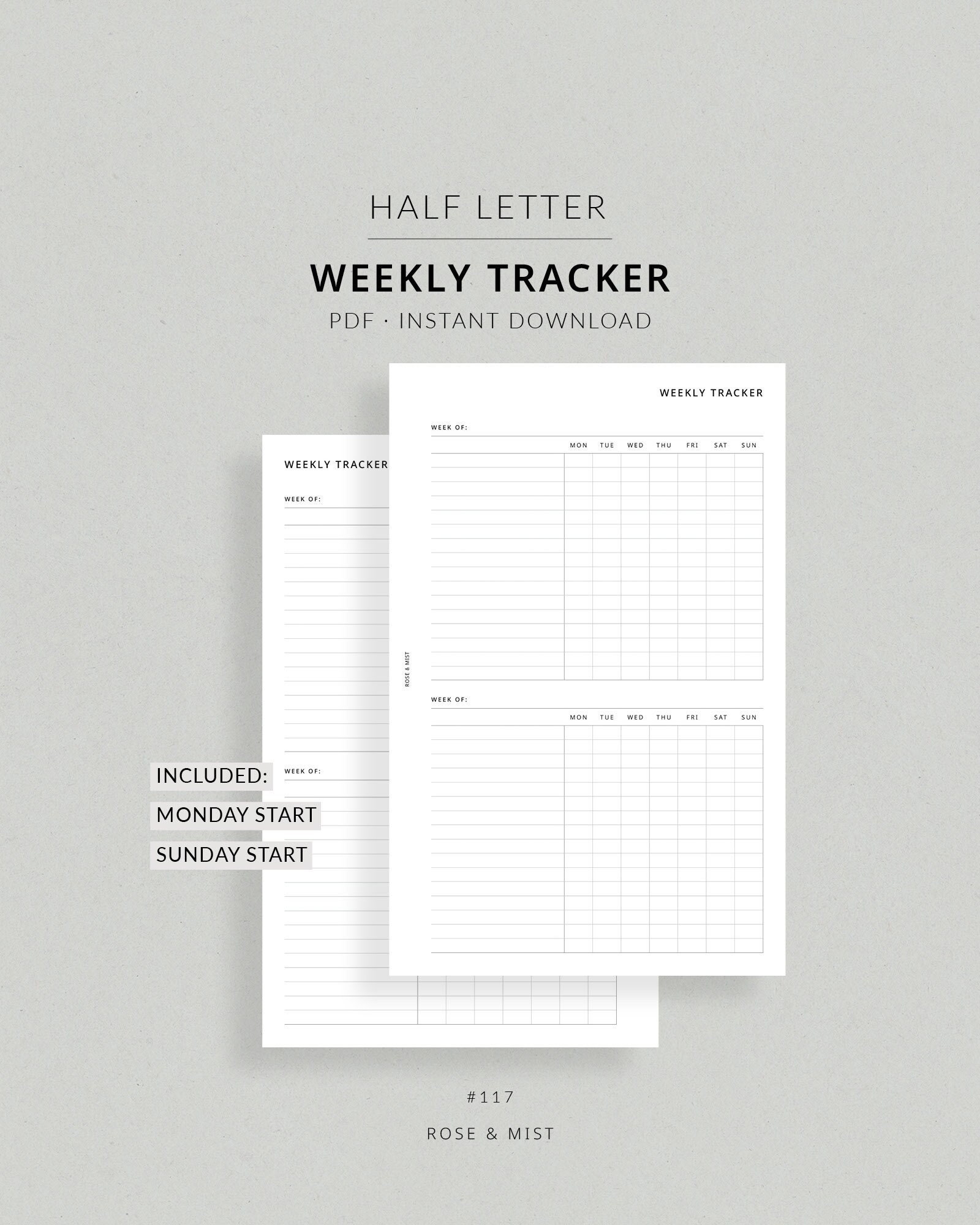 Weekly Tracker Half Letter Planner Printable Weekly Task Tracker ...
