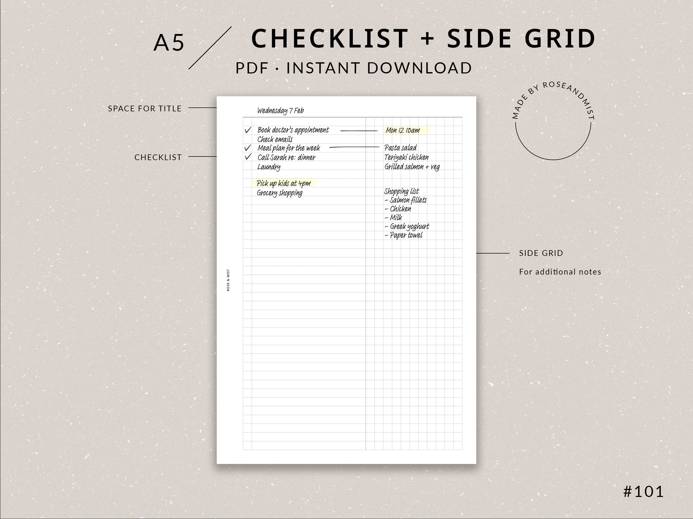 A5 Checklist With Side Grid Notes | A5 Planner Printable - to Do List ...