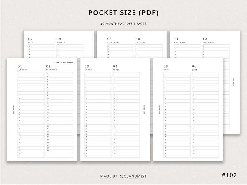 Minimal Yearly Planner Printable | Pocket Planner - Year at a Glance ...