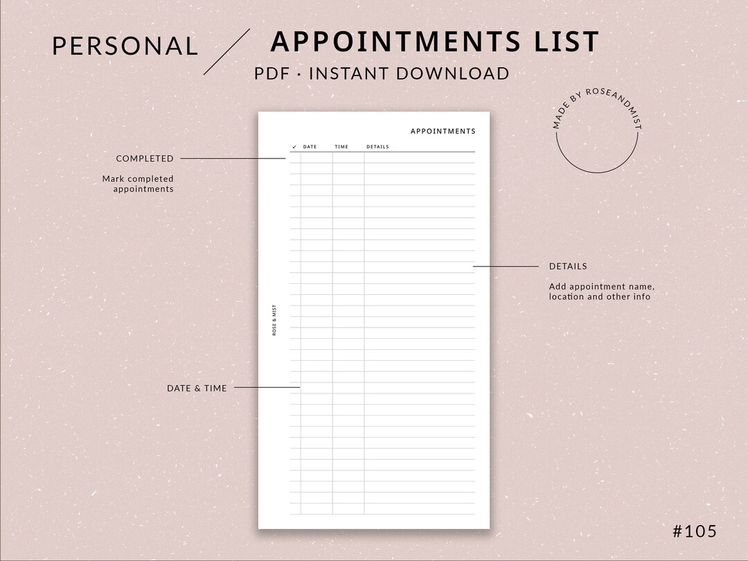 Appointments Insert | Personal Printable Planner - Appointments List ...