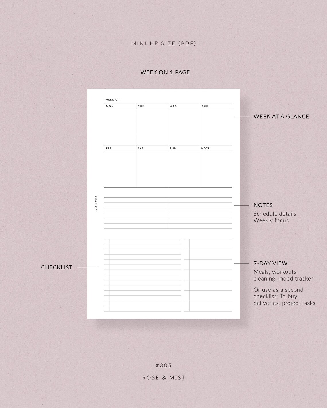 Weekly Overview WO1P #305 | Mini HP Printable Planner Weekly Printable ...