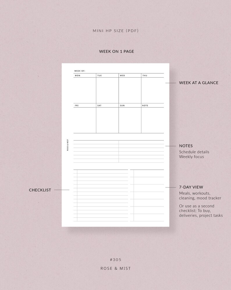 Weekly Overview WO1P #305 | Mini HP Printable Planner Weekly Printable ...