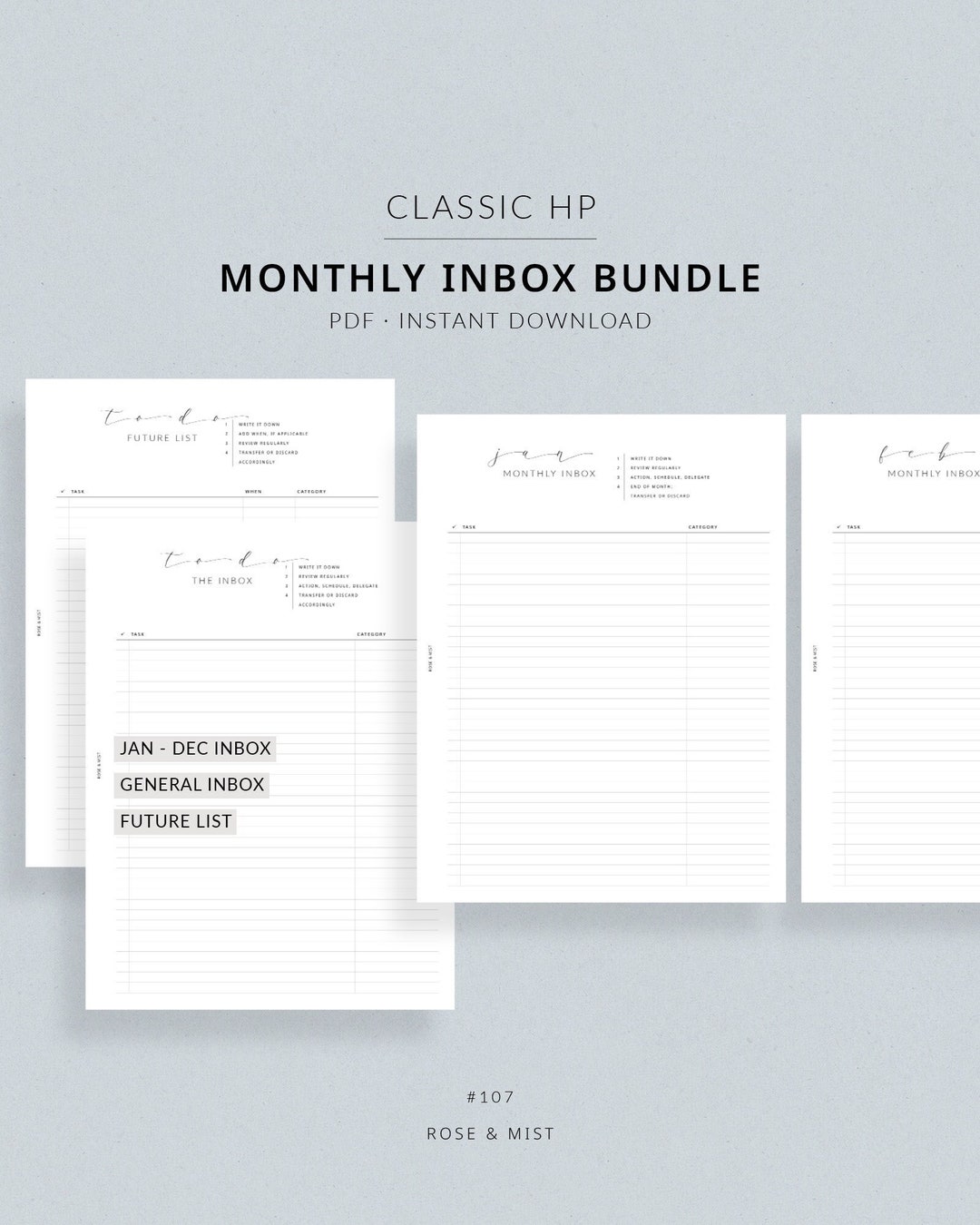 Monthly Inbox Bundle, Classic HP Printable Planner - Inbox List ...