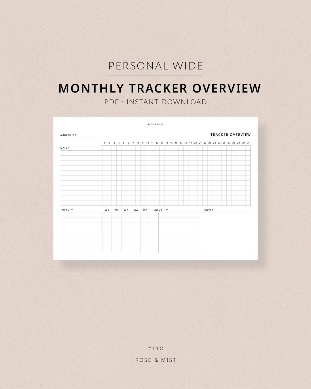 Monthly Tracker Overview Personal Wide Planner Printable Daily Weekly ...