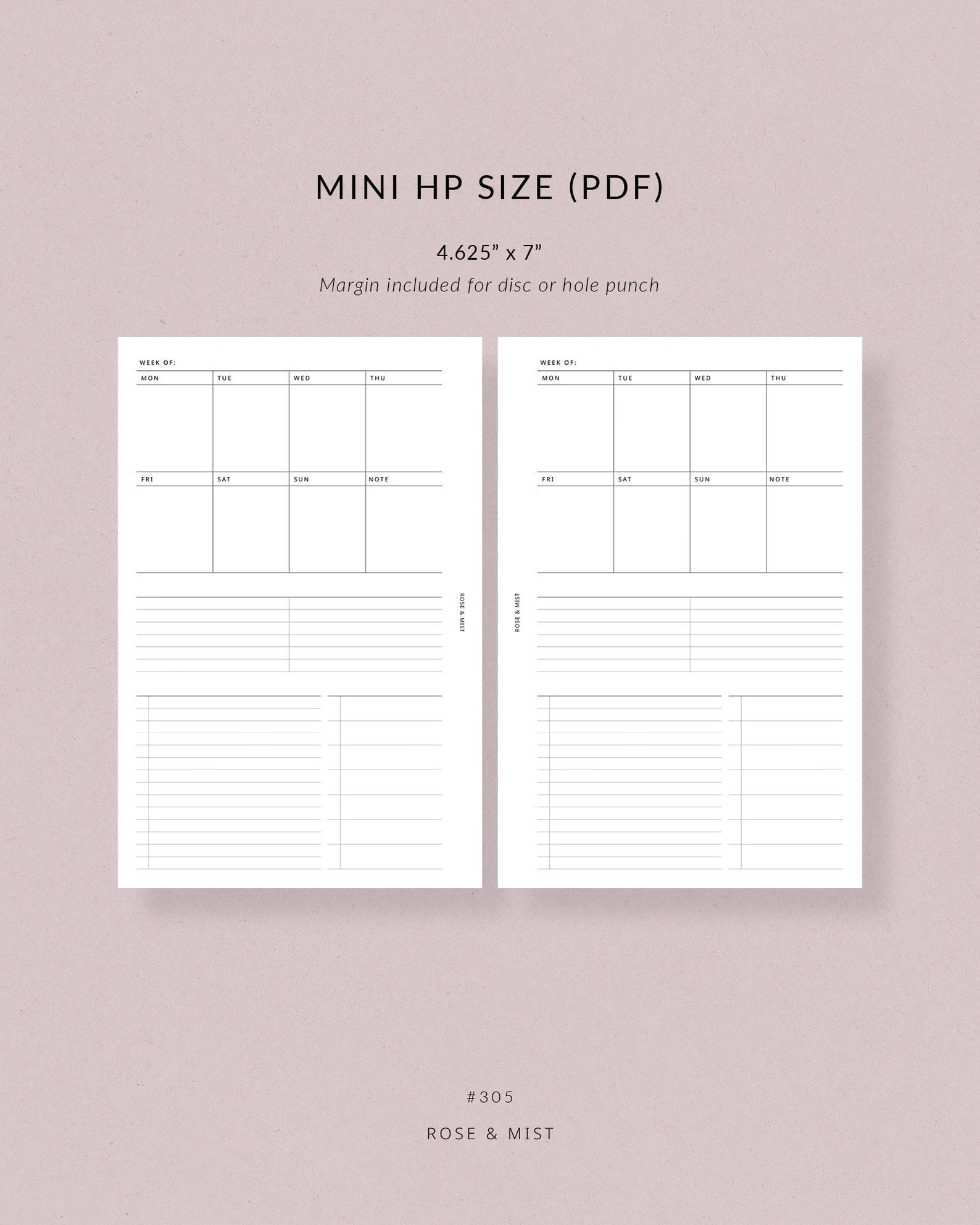 Weekly Overview WO1P #305 | Mini HP Printable Planner Weekly Printable ...