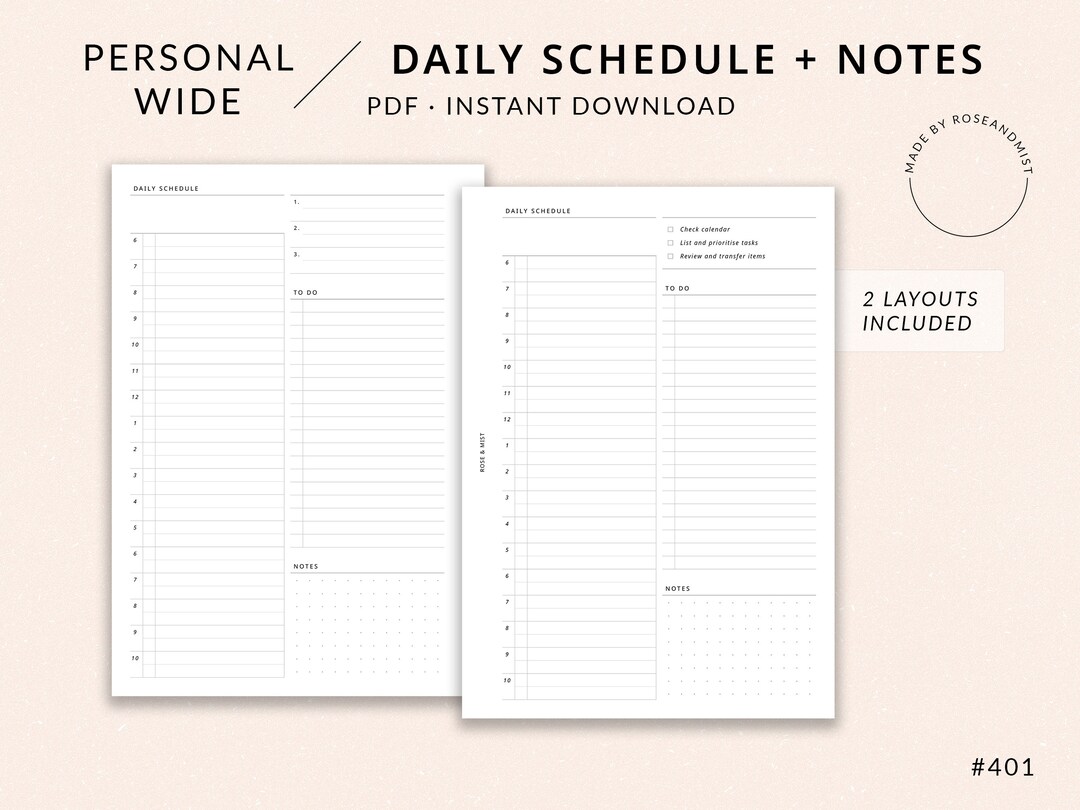 Daily Schedule Notes DO1P Personal Wide Printable Planner Daily Planner ...