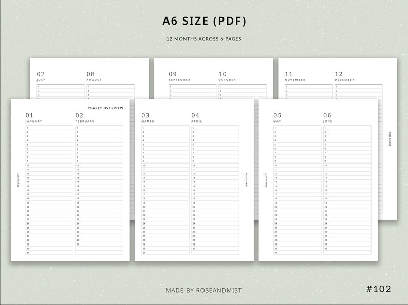 Minimal Yearly Planner Printable A6 Planner Perpetual Calendar, Year at ...