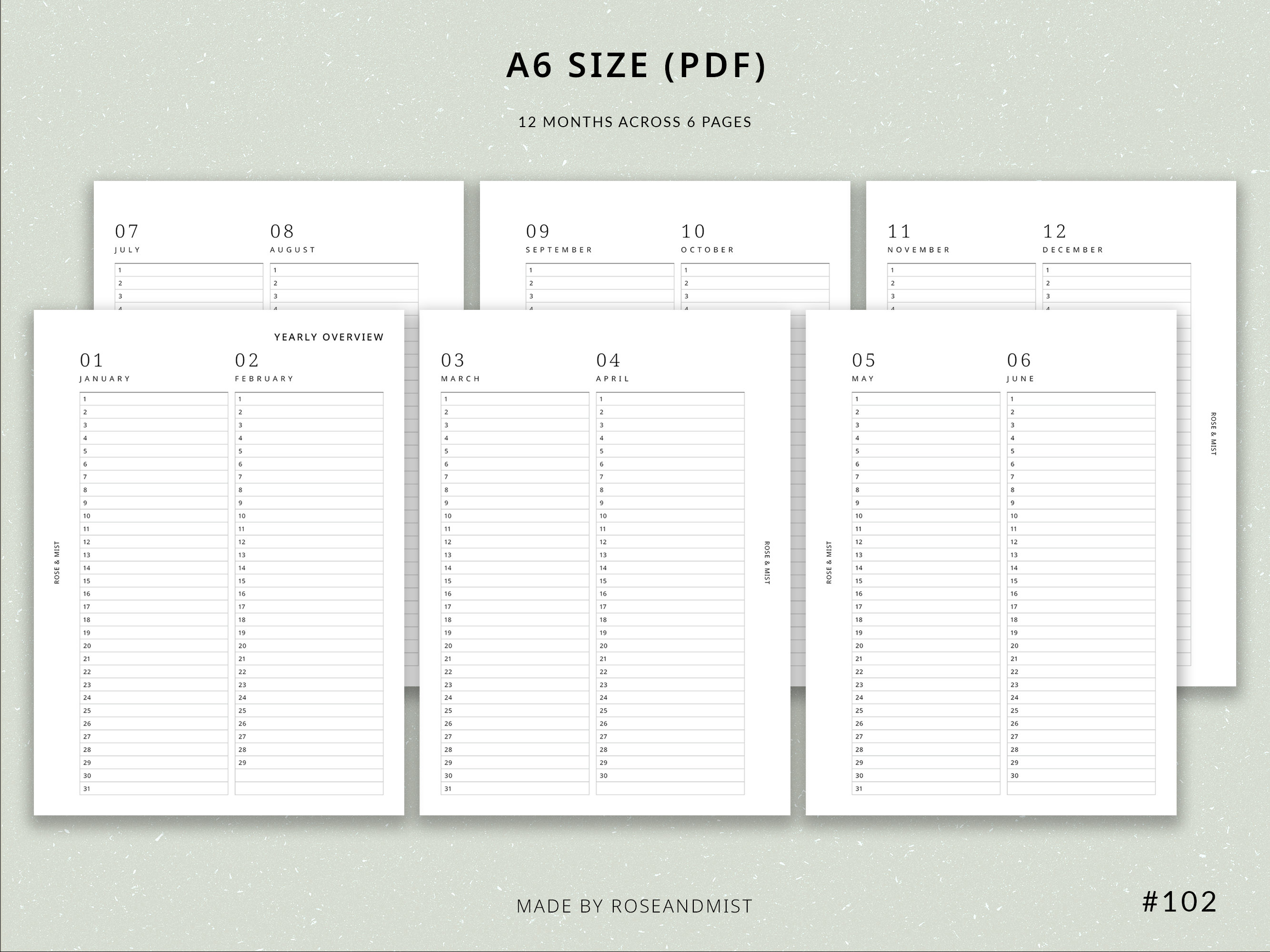 Minimal Yearly Planner Printable A6 Planner Perpetual Calendar, Year at ...
