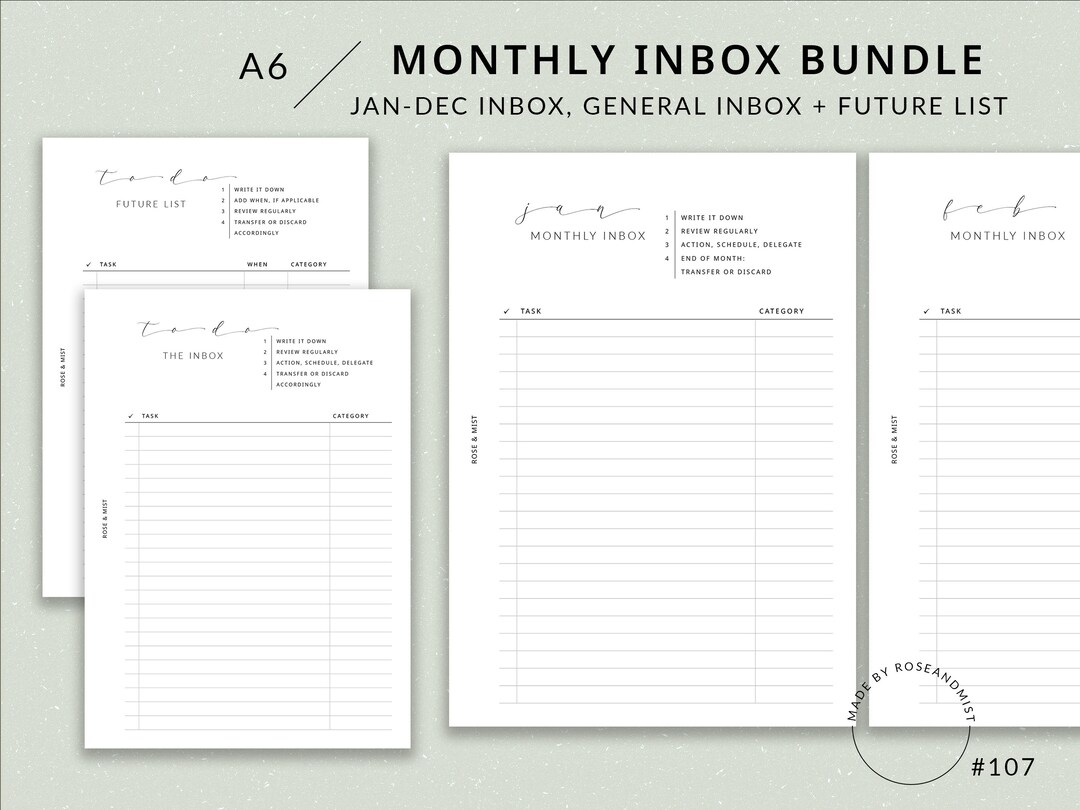Monthly Inbox Bundle | A6 Printable Planner - Inbox Tracker, Inbox ...