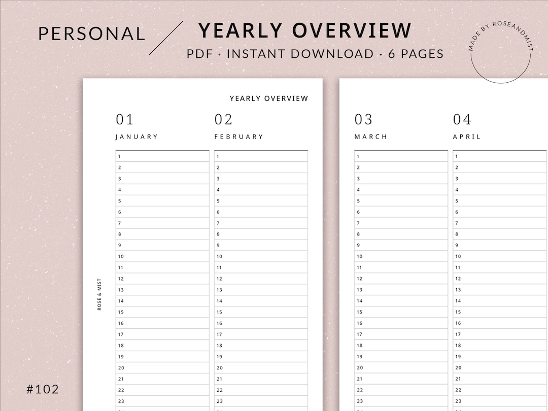 Yearly Overview Personal Printable Planner Minimal Yearly Planner ...