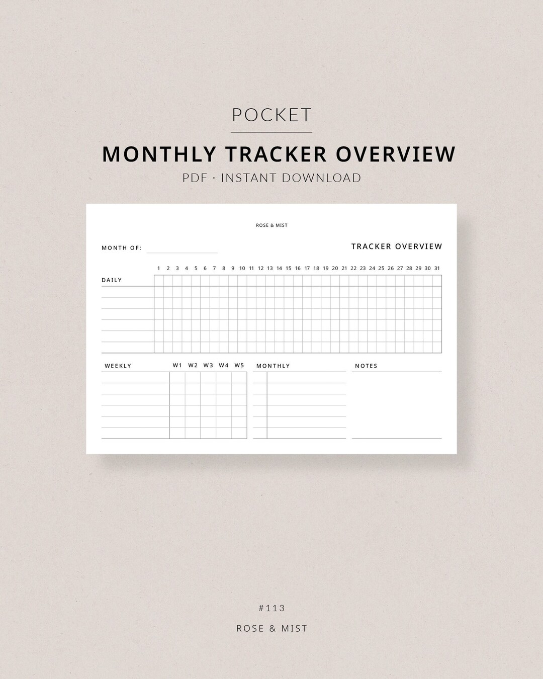 Monthly Tracker Overview | Pocket Planner Printable - Daily Weekly ...
