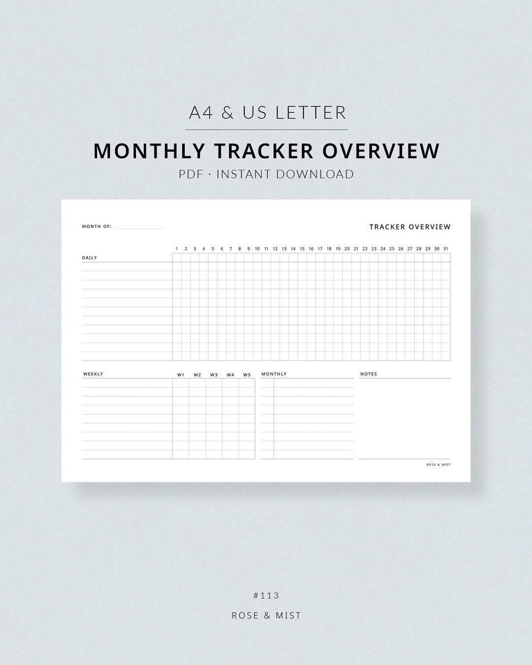 Monthly Tracker Overview | A4 & US Letter Planner Printable - Daily ...