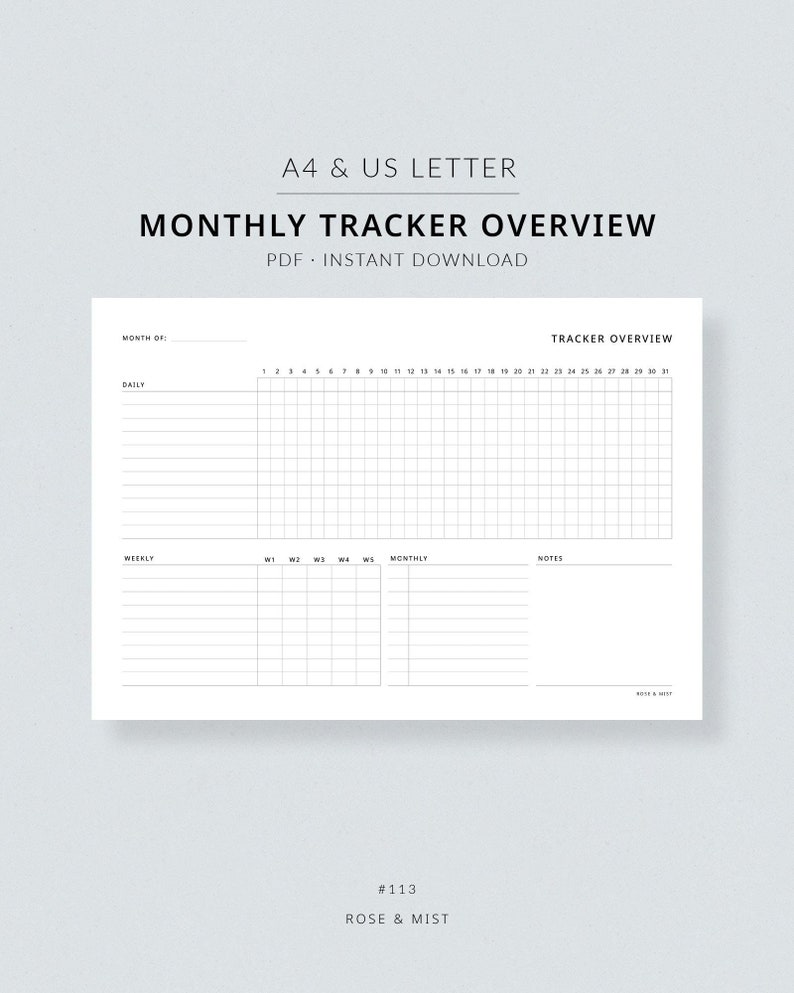Monthly Tracker Overview A4 & US Letter Planner Printable Daily Weekly ...