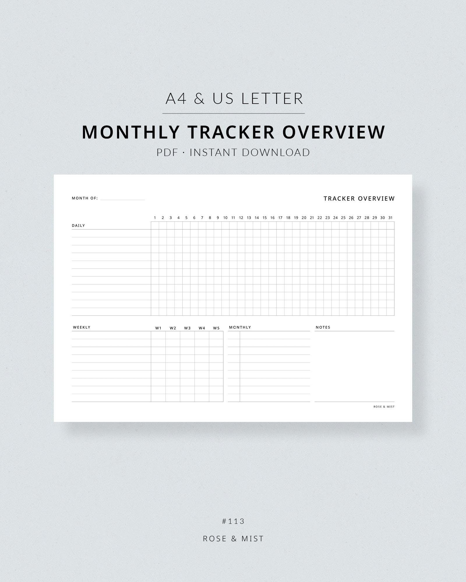 Monthly Tracker Overview A4 & US Letter Planner Printable Daily Weekly ...