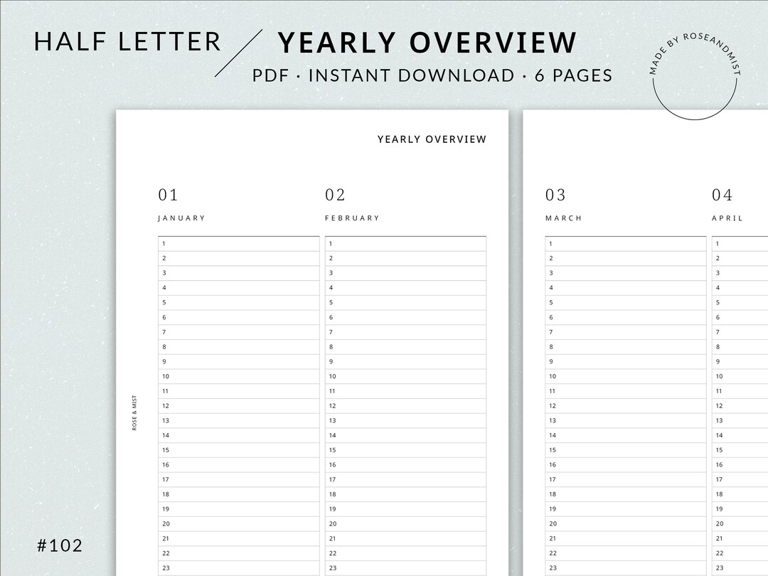 Yearly Overview | Half Letter Printable Planner - Half Letter Year at a ...