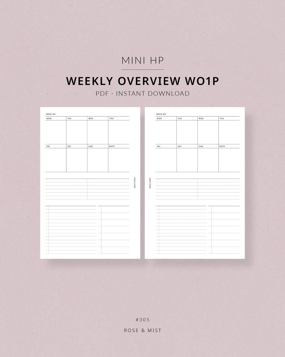 Weekly Overview WO1P #305 | Mini HP Printable Planner Weekly Printable ...