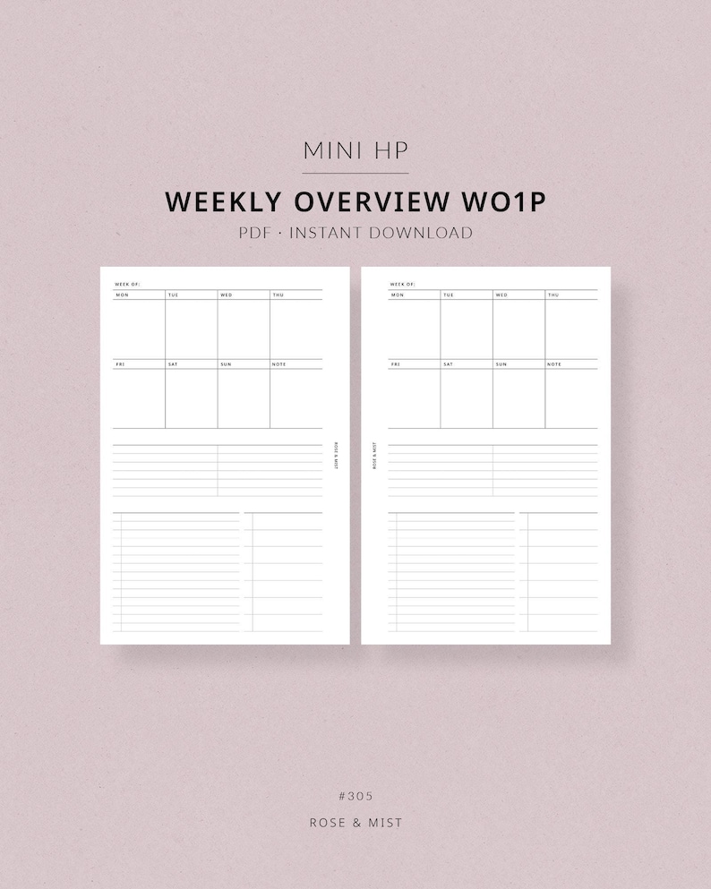 Weekly Overview WO1P #305 | Mini HP Printable Planner Weekly Printable ...