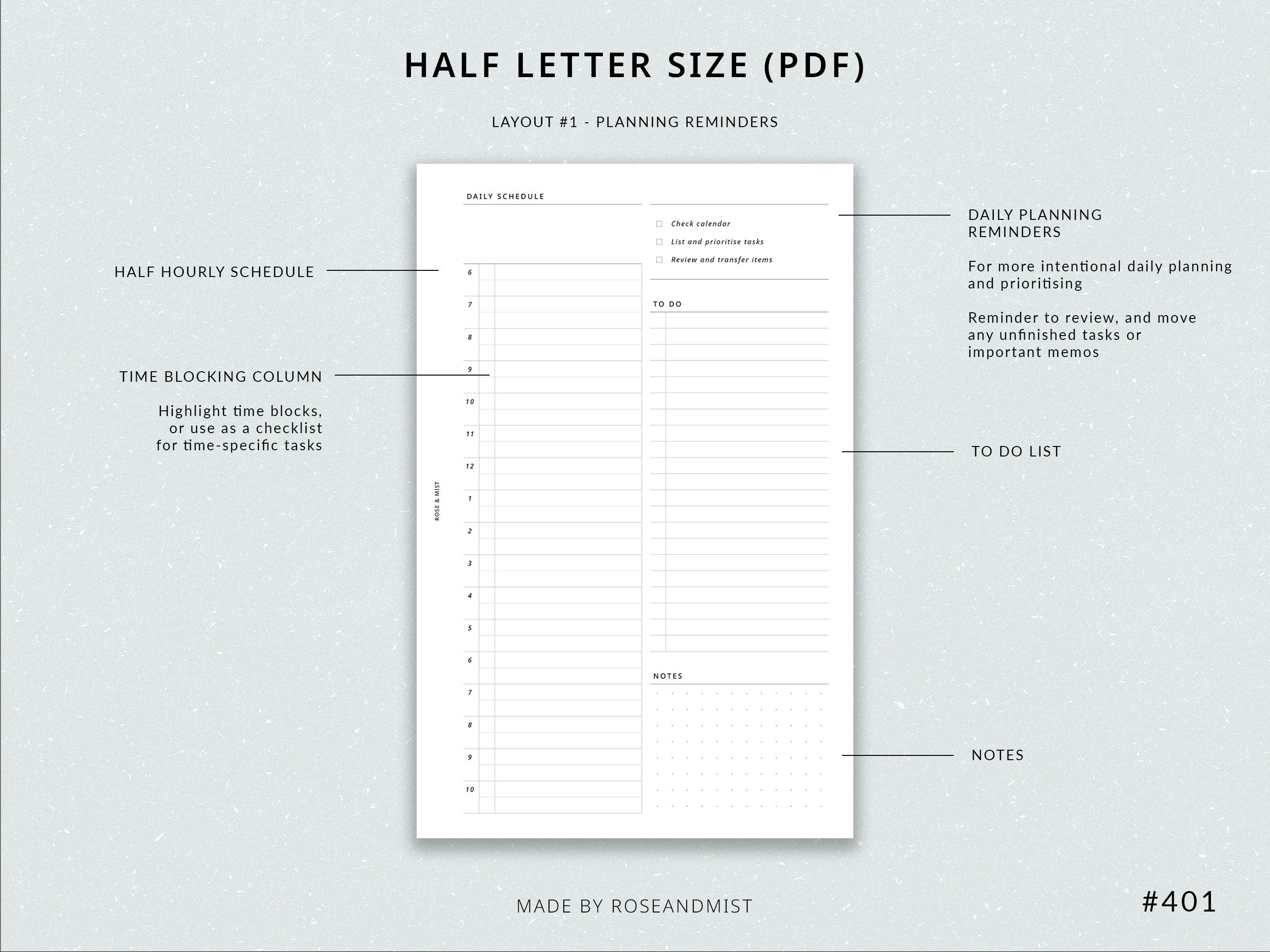 Daily Schedule + Notes DO1P | Half Letter Printable Planner - Hourly ...