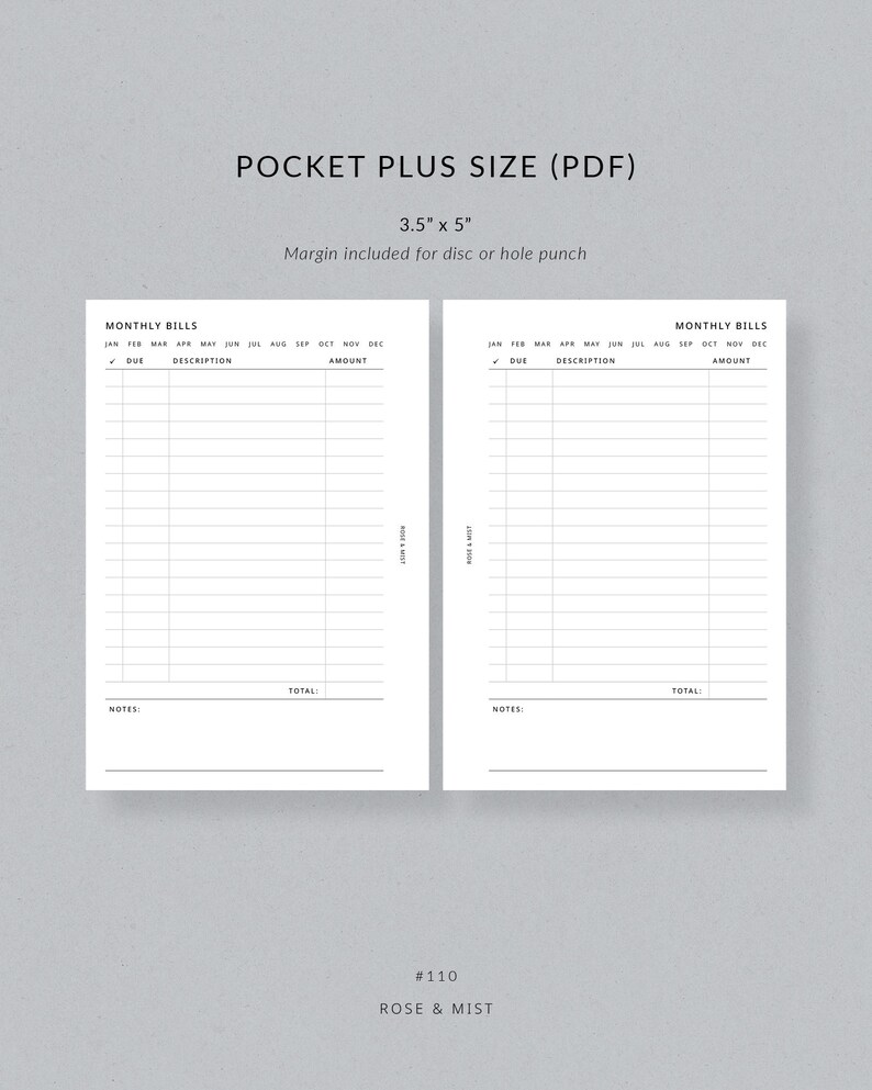 Monthly Bills | Pocket Plus Printable Planner - Bill Payments Printable ...