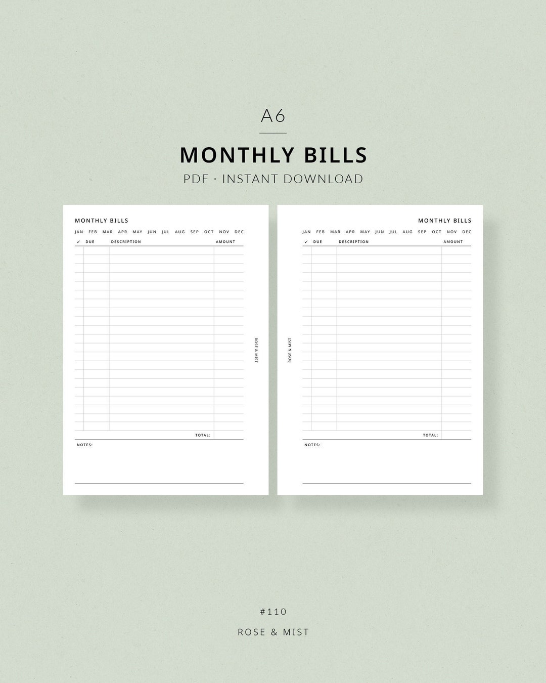 A6 Monthly Bills Tracker | A6 Printable Planner - Bill Tracker ...