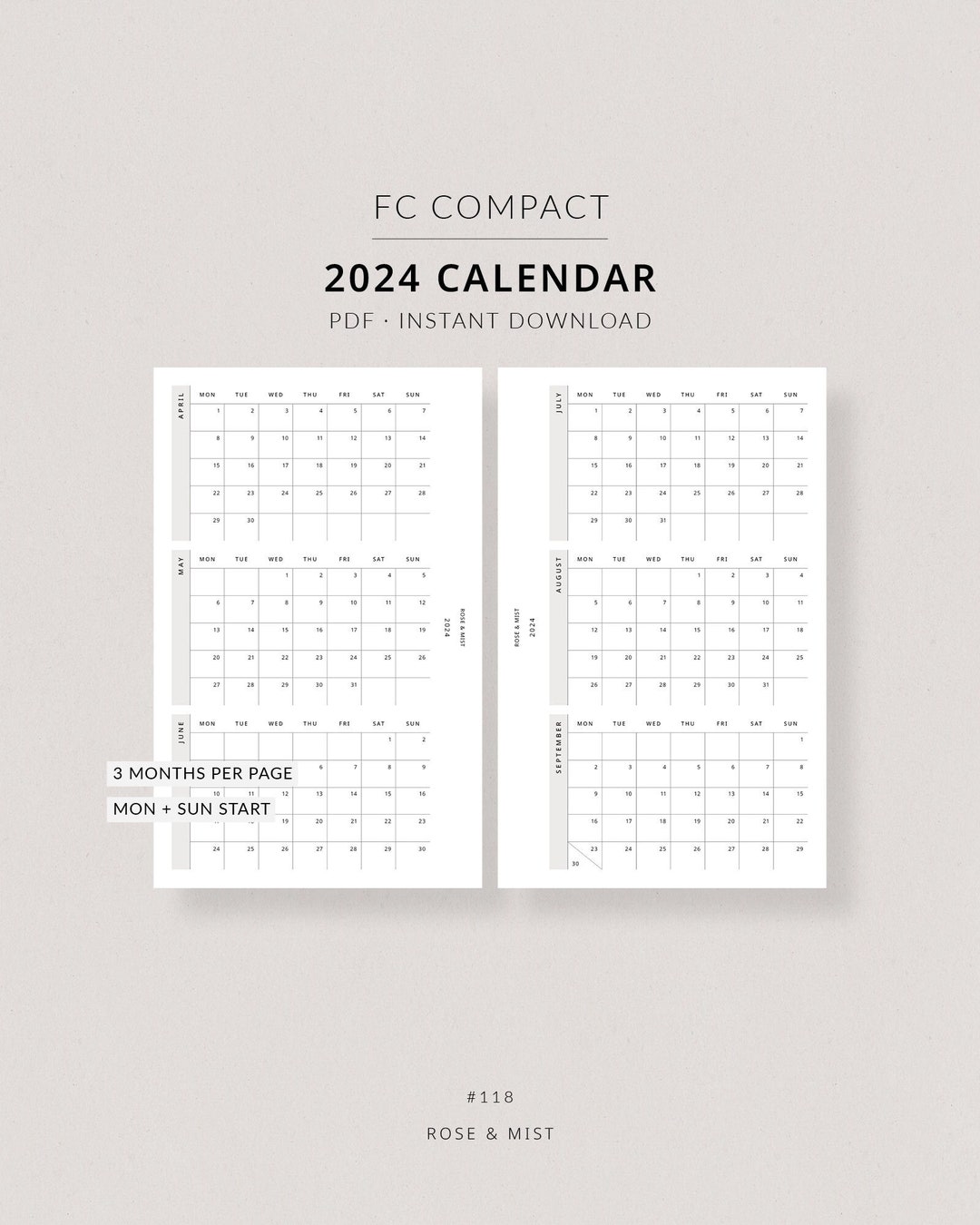 2024 Calendar, FC Compact Printable Planner Dated 2024 Planner ...