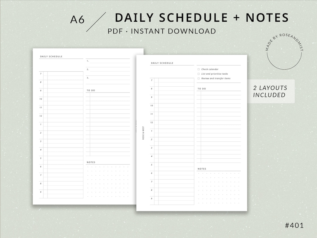 Daily Schedule + Notes DO1P | A6 Printable Planner - A6 Planner Inserts ...