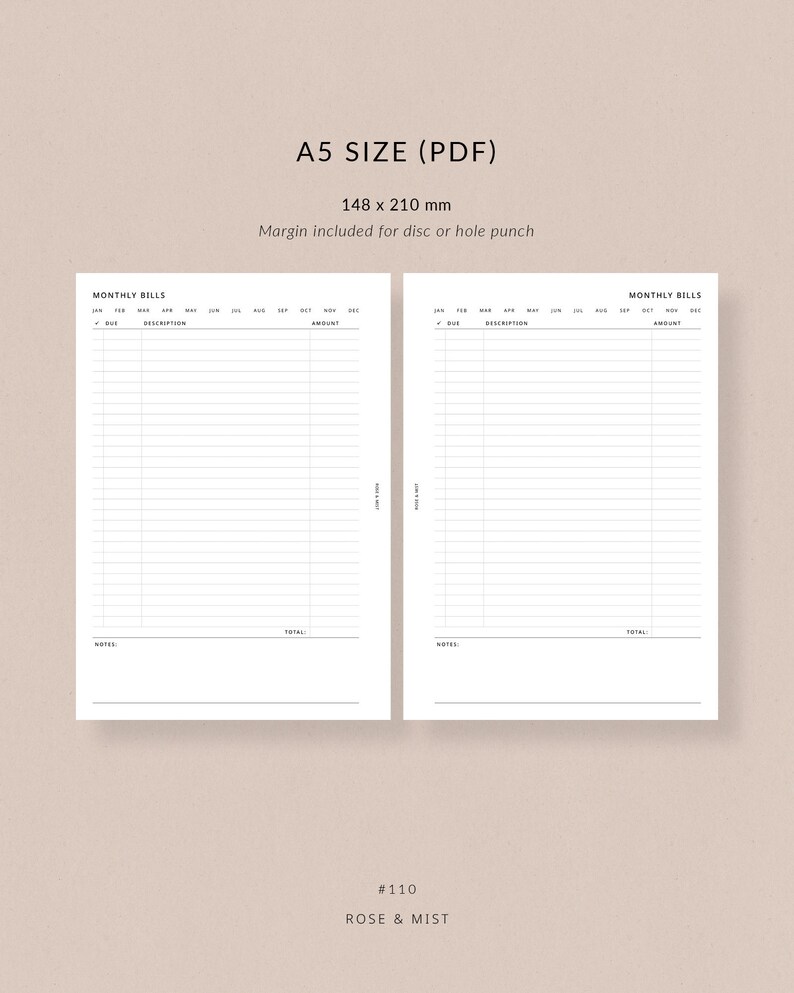Monthly Bills Tracker | A5 Planner Printable - A5 Monthly Bill Tracker ...